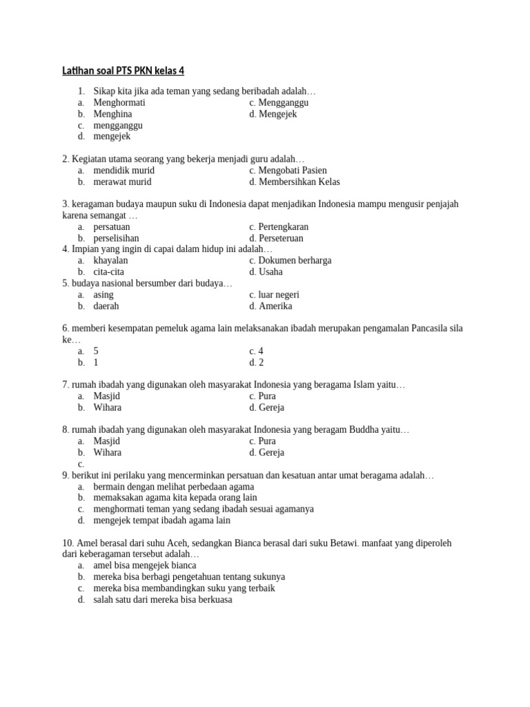 Latihan Soal PTS PKN Kelas 4 | PDF