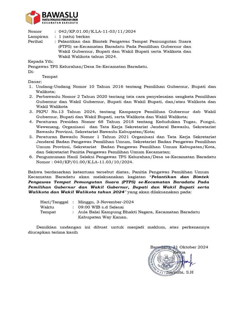 Undangan Pelantikan Ptps Pilkada Kec Baradatu | PDF