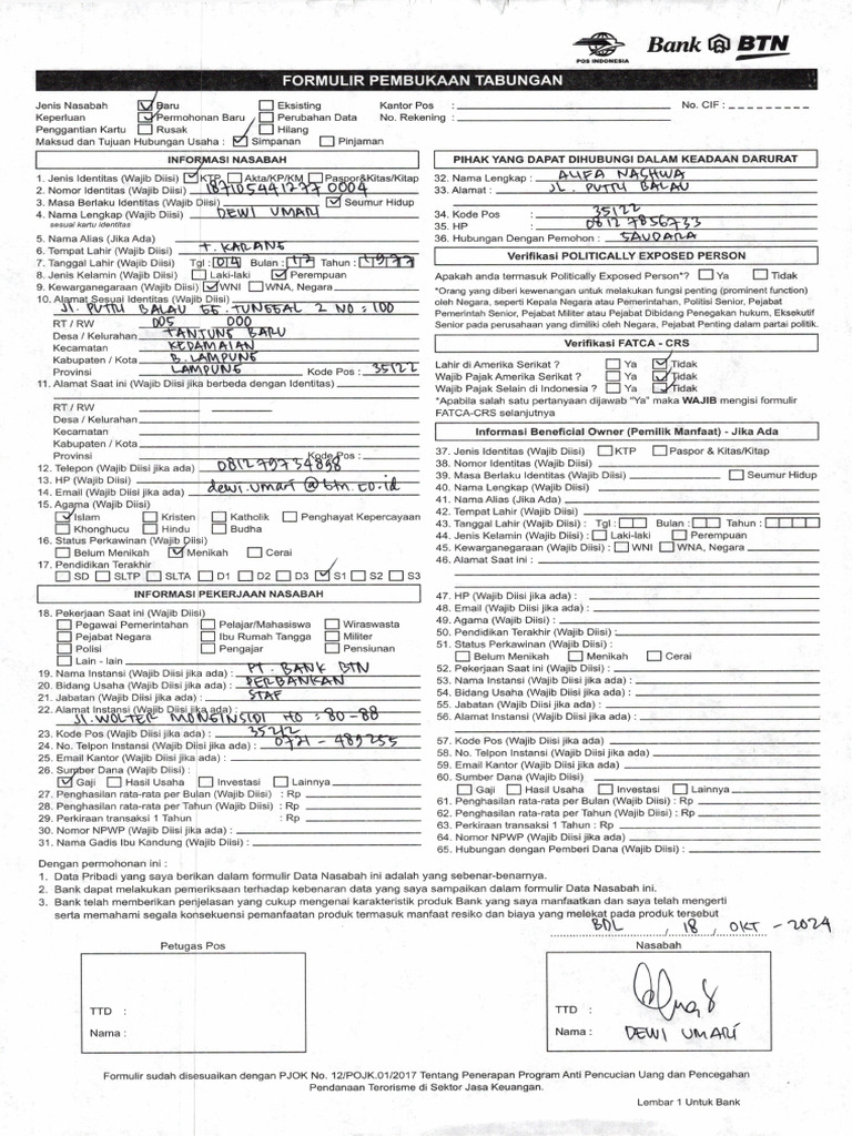 Contoh Pengisian Formulir Cif | PDF