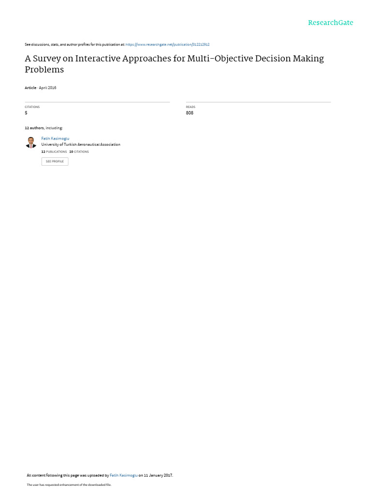A Survey On Interactive Approaches For Multi-Objective Decision Making Problems | PDF ...
