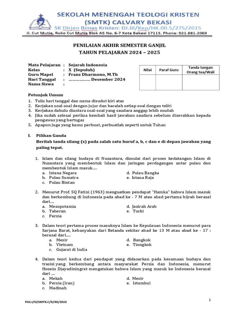 PAS GANJIL SEJARAH INDONESIA KELAS X 2024 - 2025 Frans | PDF