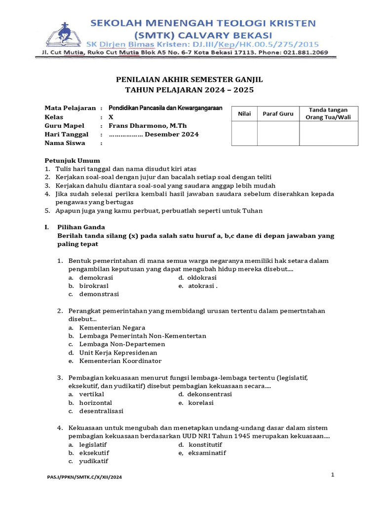 PAS GANJIL PPKN Kelas X 2024 - 2025 Frans | PDF