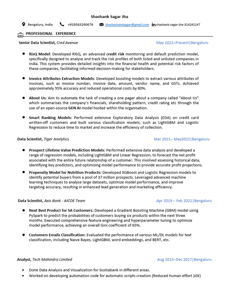 Senior Data Scientist Resume - Shashank Jha | PDF | Data Analysis | Logistic Regression