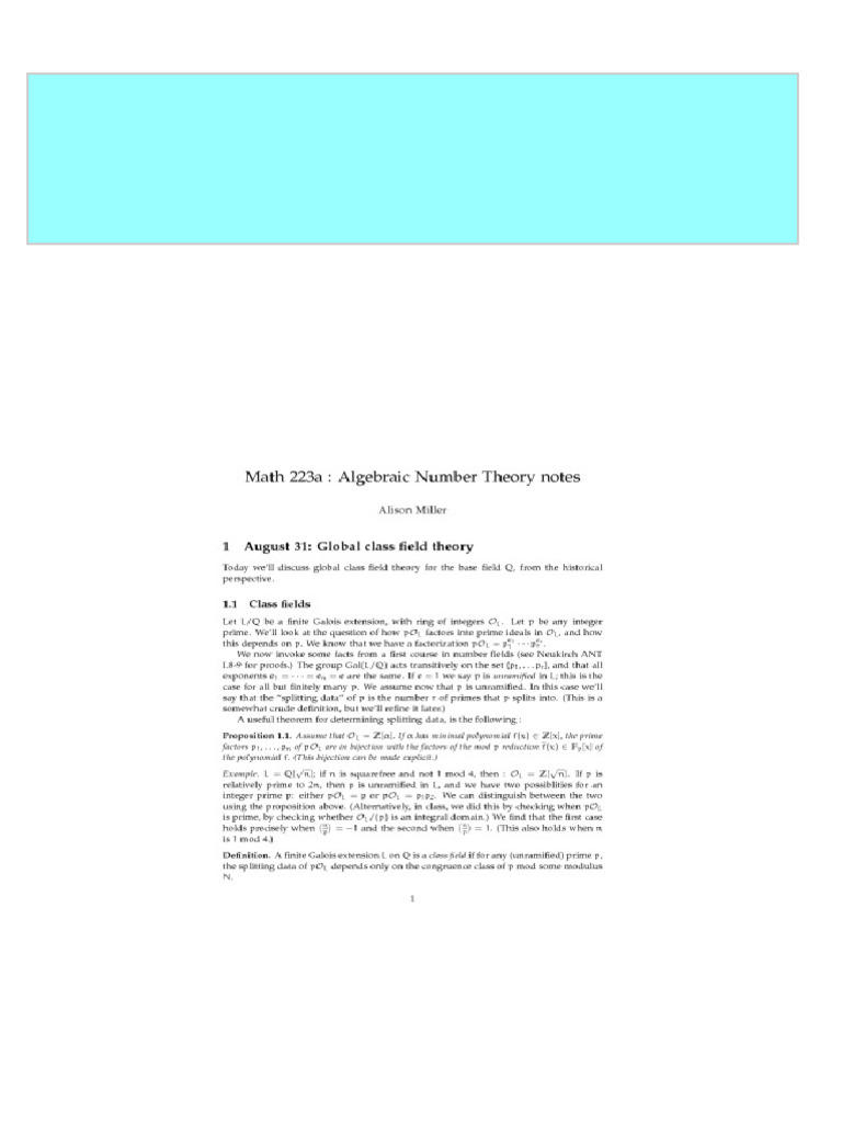 Download Complete Math 223a Algebraic Number Theory notes Alison Miller ... Download Complete Math 223a Algebraic Number Theory notes Alison Miller ...