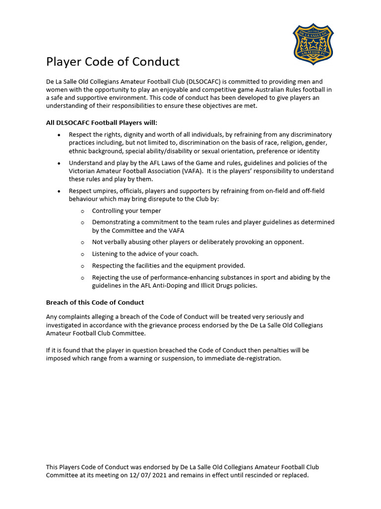 DLSOCAFC - Players Code of Conduct | PDF