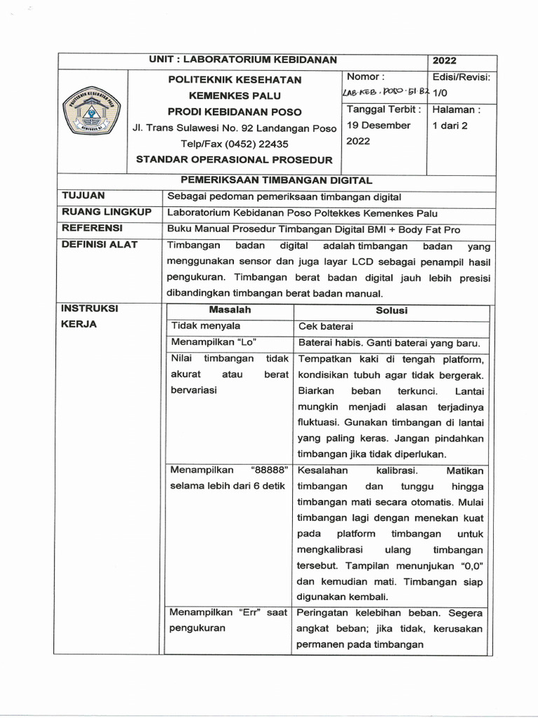 Sop Pemeriksaan Timbangan Digital | PDF