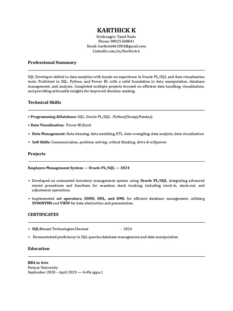 Karthick SQL Resume | PDF