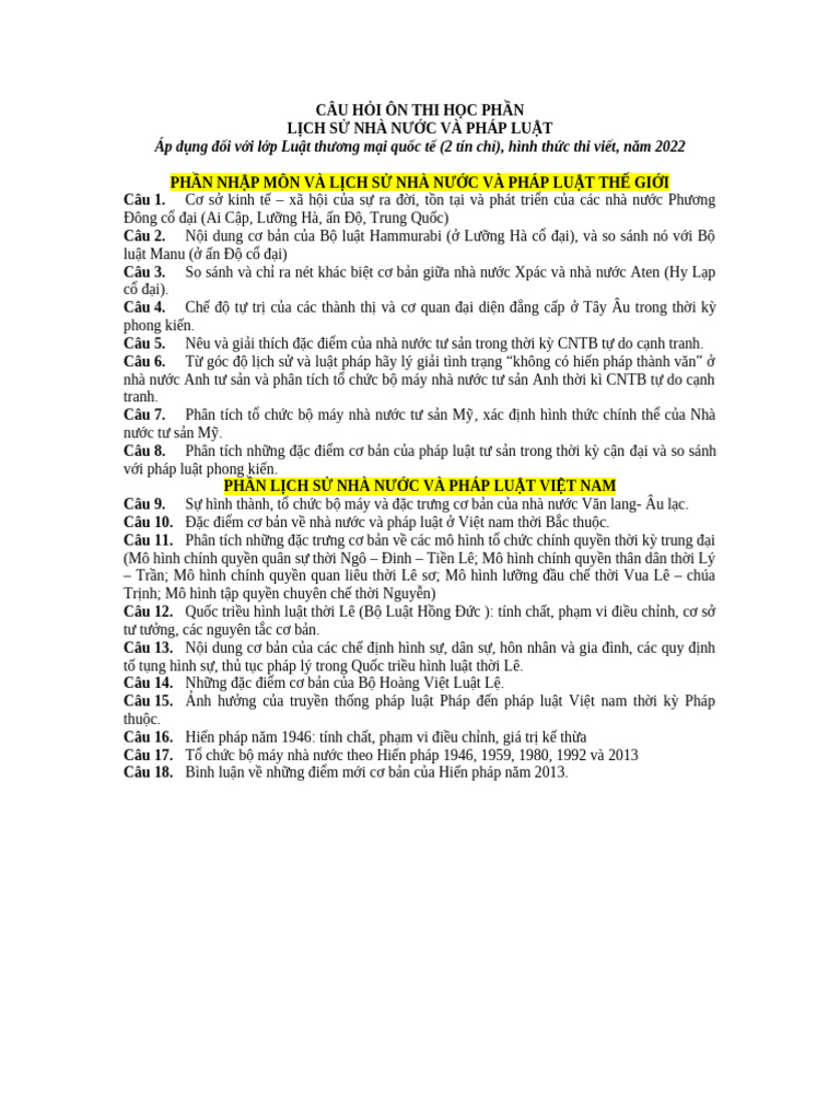 Lịch Sử NNPL Luật TMQT Thi Viết 2022 | PDF