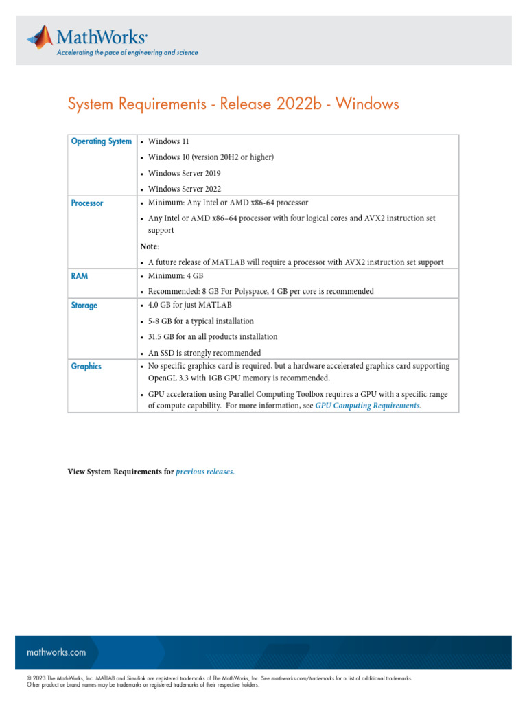 MATLAB 2022b Windows System Requirements | PDF