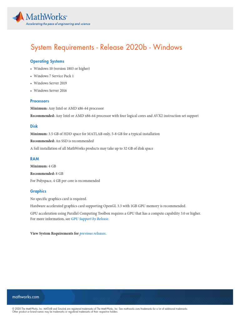 System Requirements Release 2020b Windows | PDF
