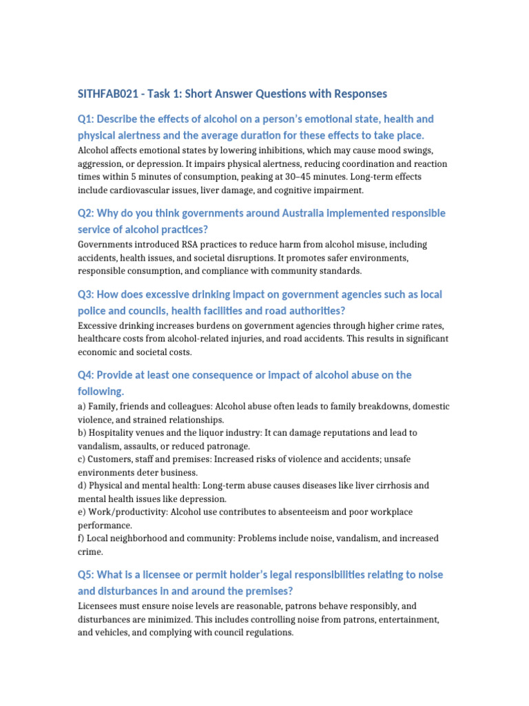 SITHFAB021 Task 1 Complete Answers Part 1 | PDF | Alcohol Abuse ...