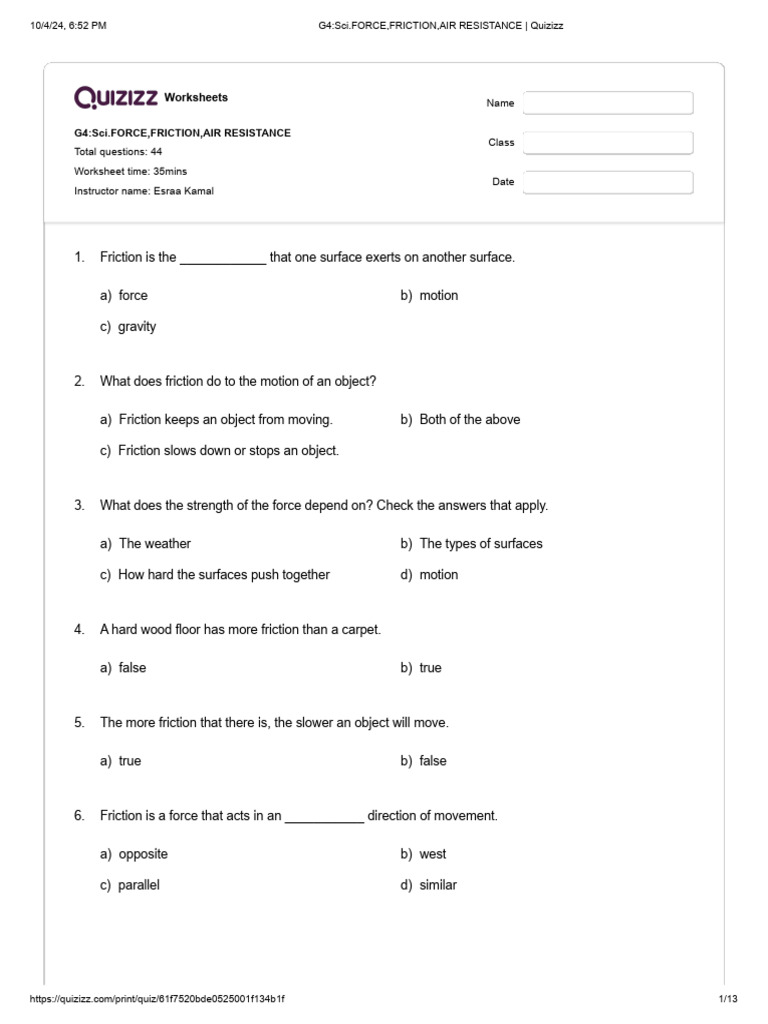 G4 - Sci - FORCE, FRICTION, AIR RESISTANCE Ans | PDF | Friction | Force