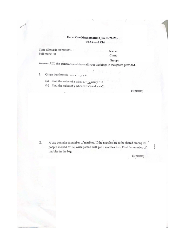 F1 Maths Quiz 2 | PDF