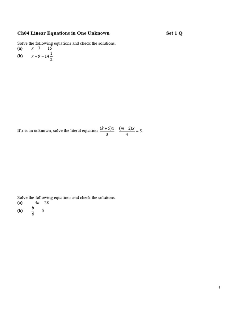Ch04 Linear Equations in One Unknown All | PDF | Equations | Mathematics