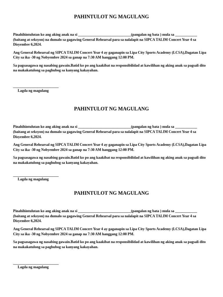 Pahintulot NG Magulang SIPCA | PDF