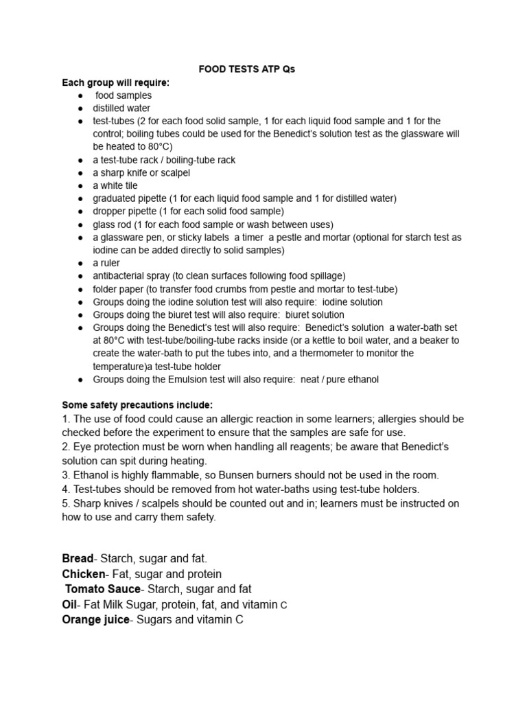 Food Tests ATP Questions | PDF