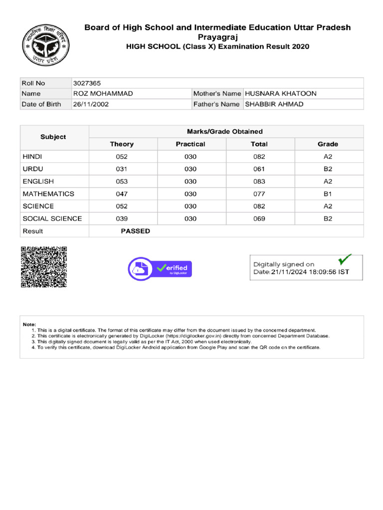 Class X Marksheet | PDF