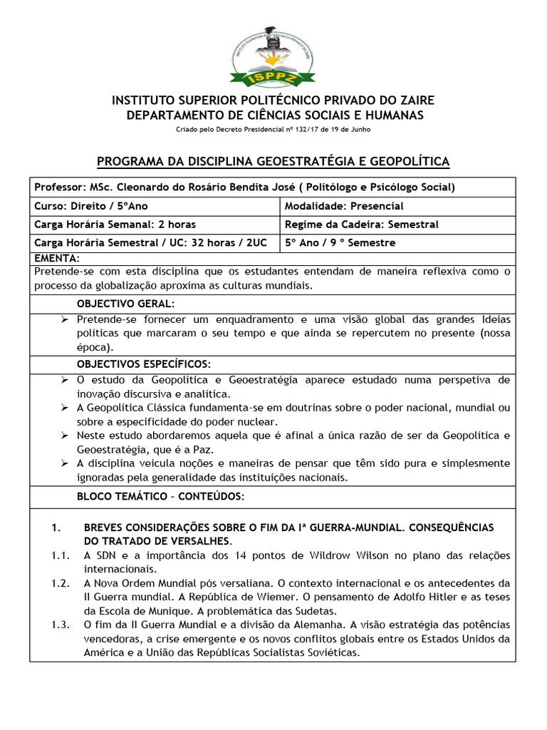 Programa Da Disciplina Geoestratégia e Geopolítica | PDF | Geopolítica | OTAN