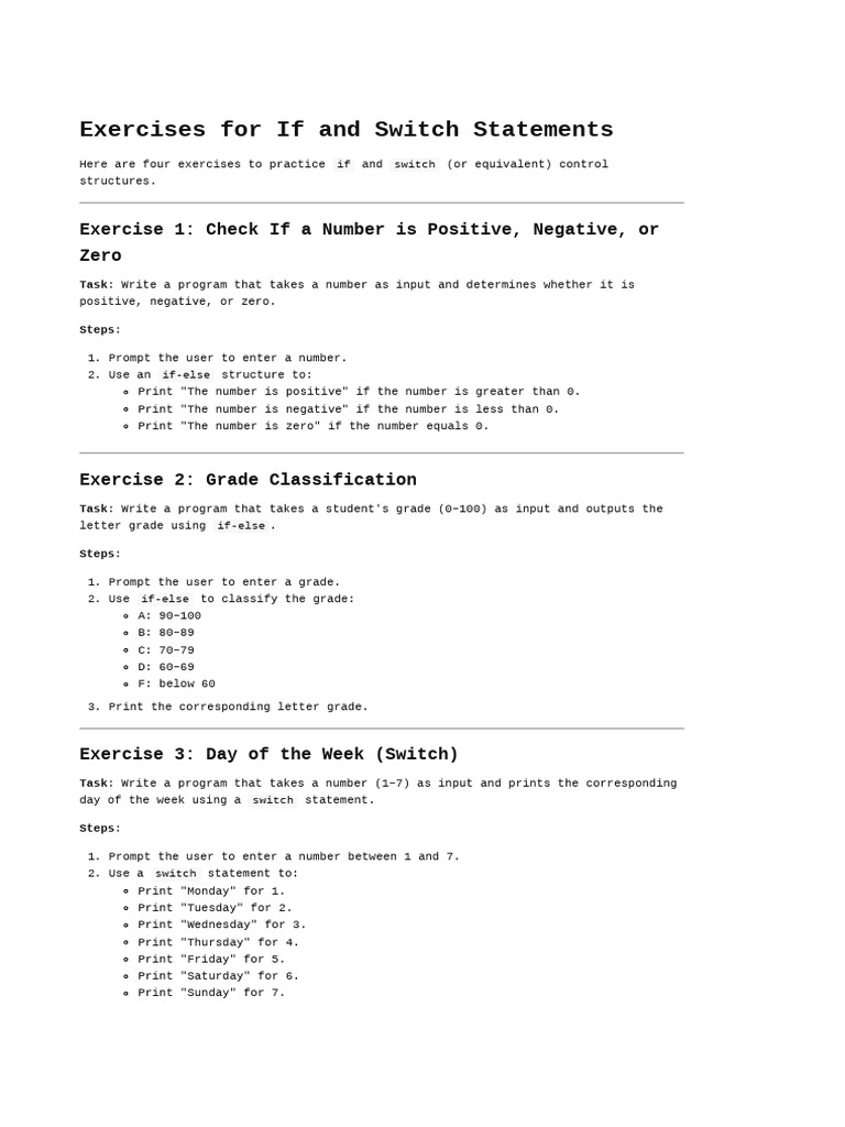 If and Switch Exercises | PDF