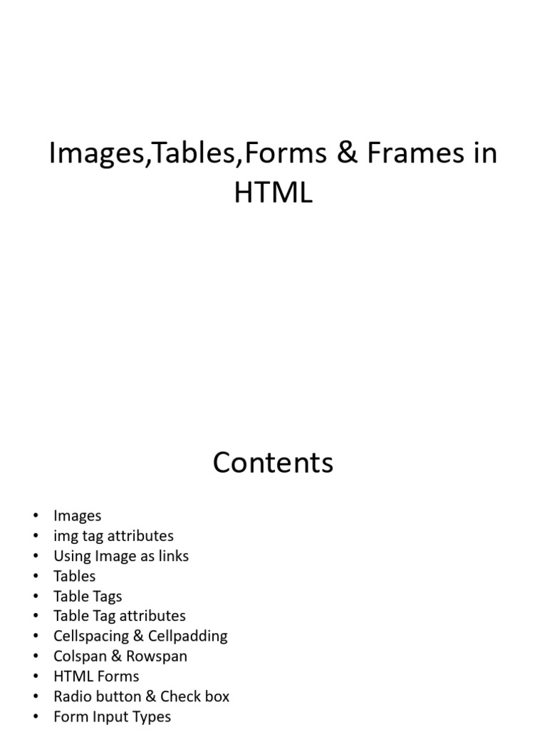 Web Designing Fundamentals-Images Table, Form - Frames in HTML Bca V Sem | PDF | Html Element | Html