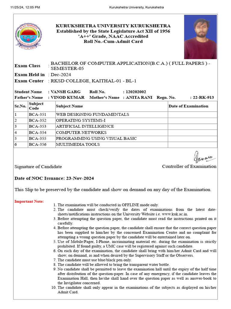 Updated Bca 5th Sem Full Paper Admit Card | PDF | Computing