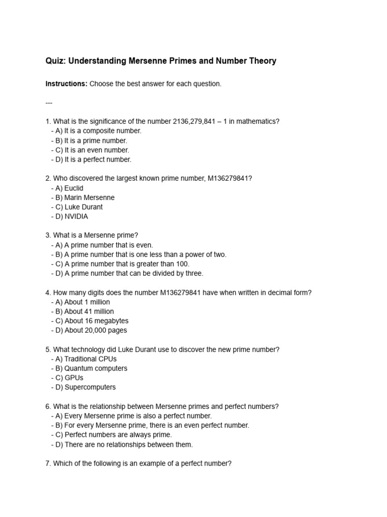 Quiz - Understanding Mersenne Primes and Number Theory | PDF | Prime ...
