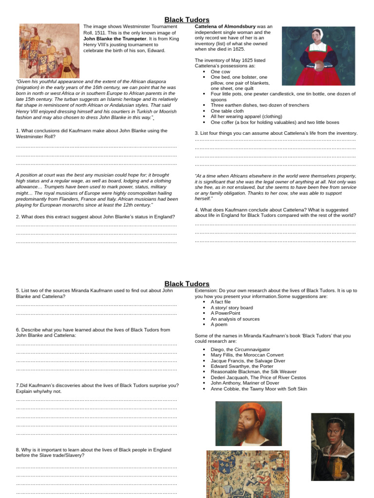L4 - Black Tudors Worksheet Amended | PDF | Slavery
