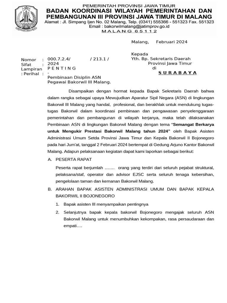 Pembinaan Disiplin ASN Bakorwil Malang | PDF