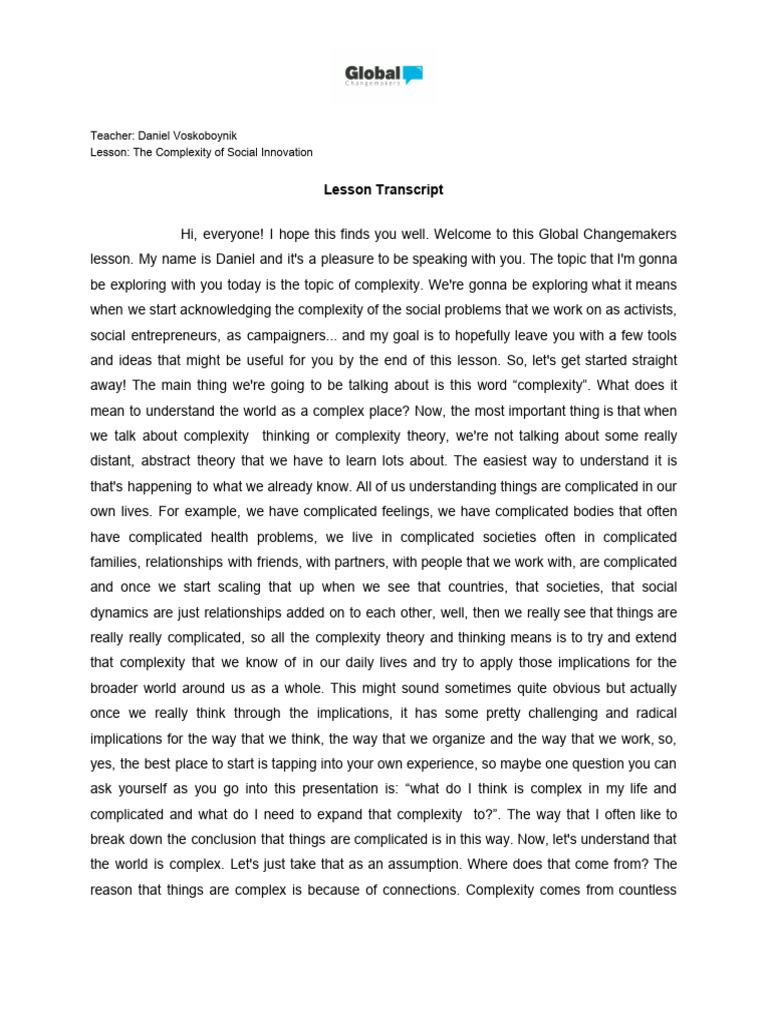 Lesson Transcript: Teacher: Daniel Voskoboynik Lesson: The Complexity ...