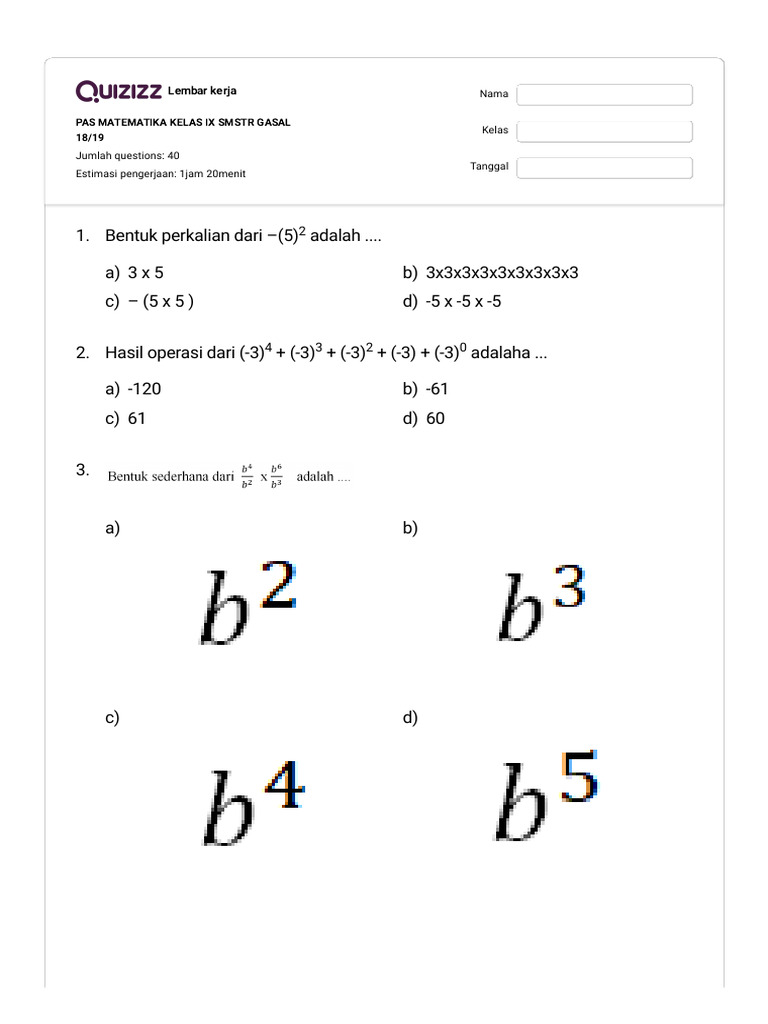 Pas Matematika Kelas Ix SMSTR Gasal 18 - 19 - Quizizz | PDF