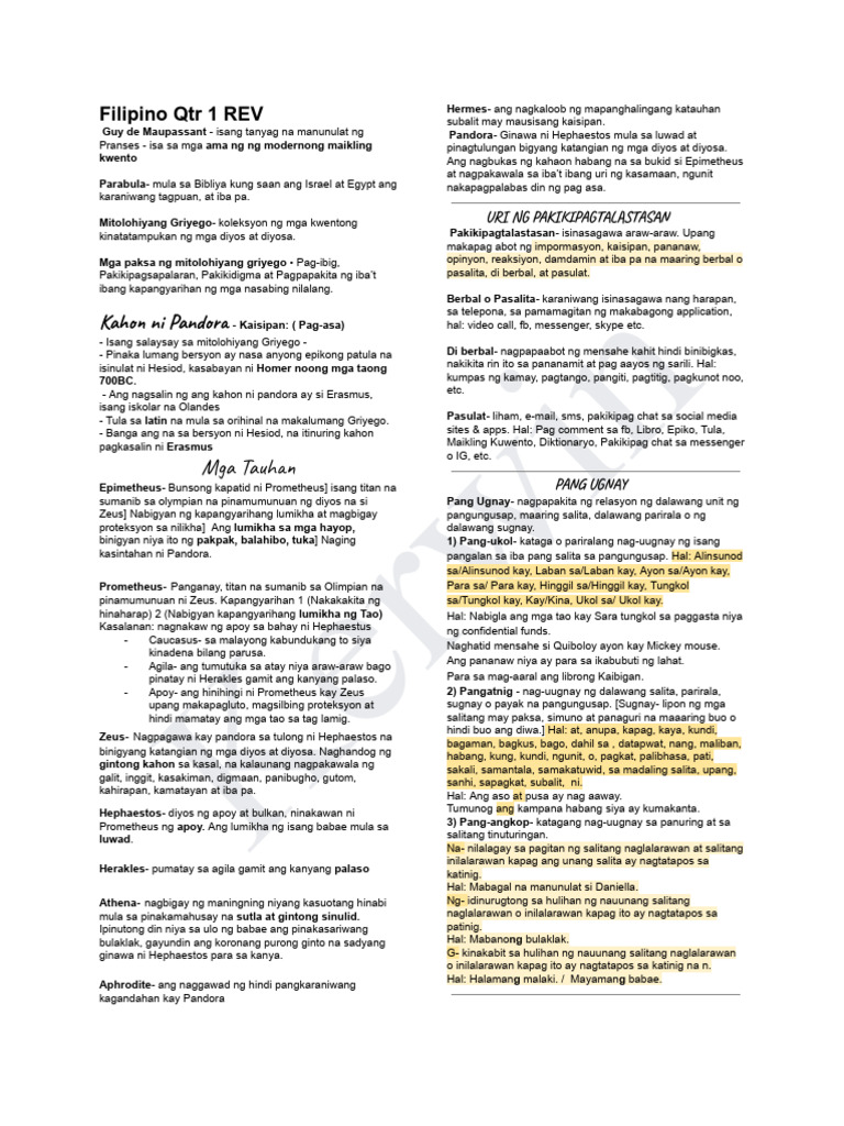 Fil 10 1ST QTR Exam Rev | PDF