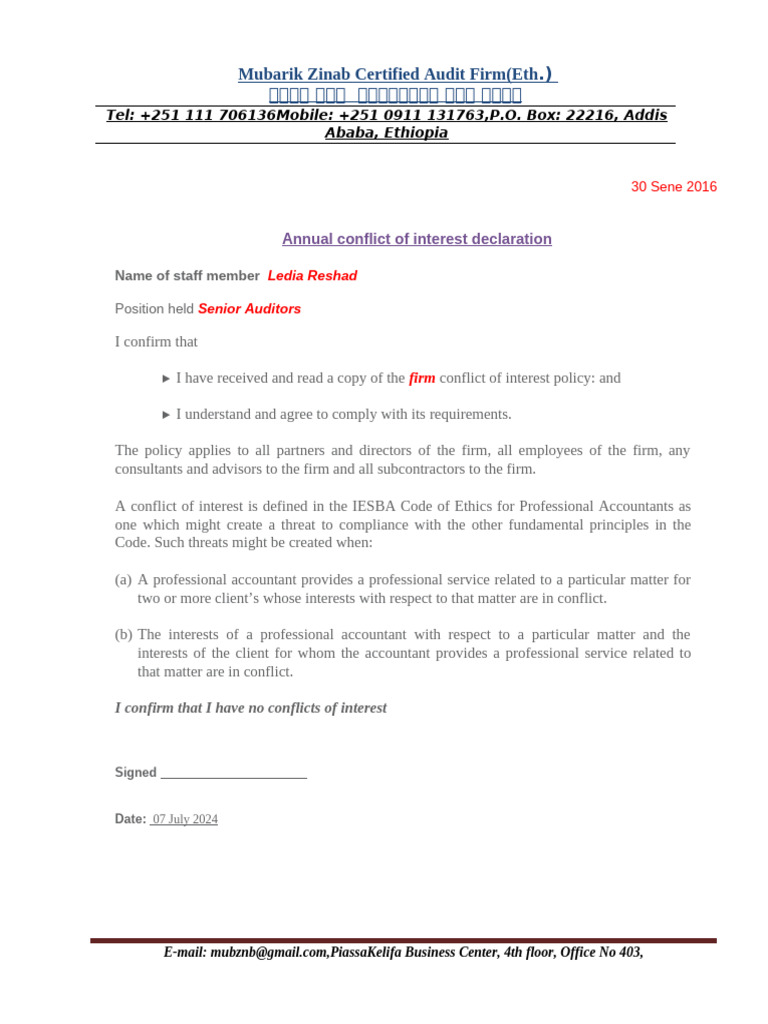 Annual Conflict of Interest Declaration | PDF