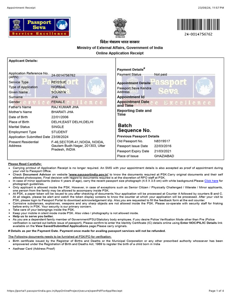 Appointment Receipt Soumya | PDF | Identity Document | Passport