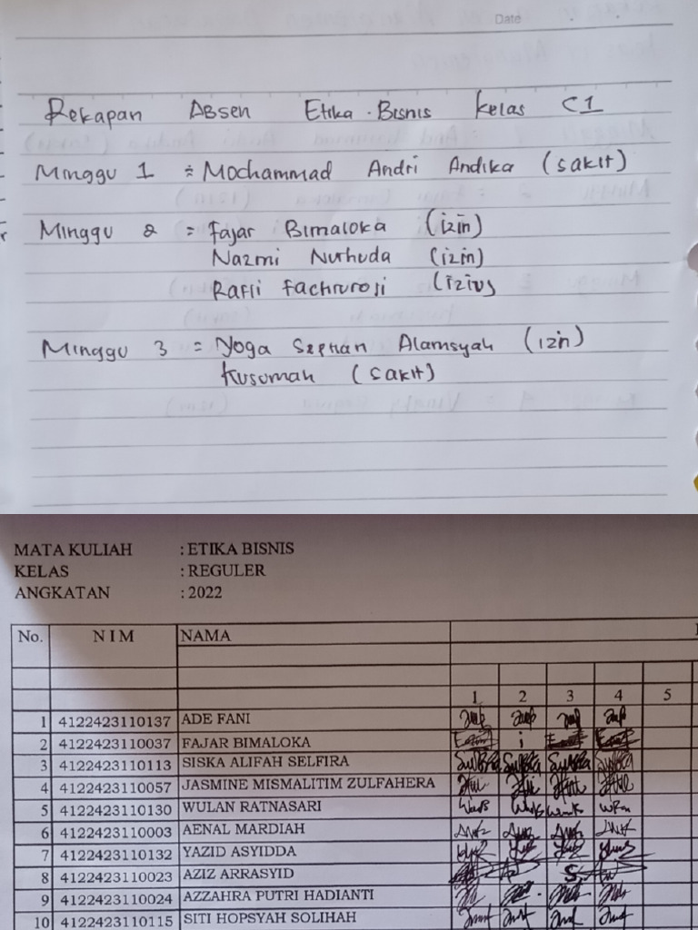 Rekapan Absen Etika Bisnis Kelas C1 Manajemen | PDF