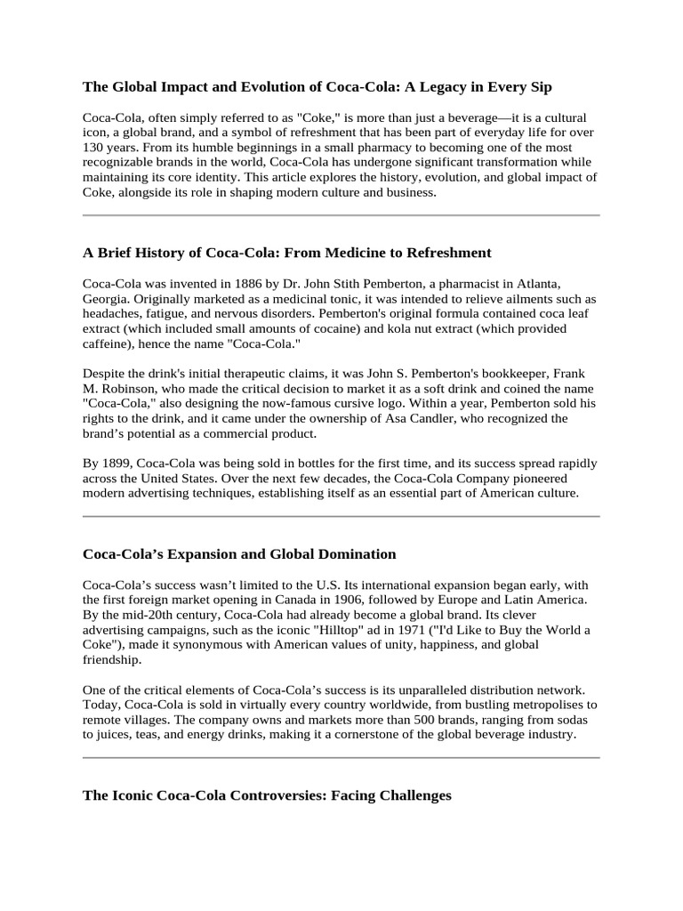 The Global Impact and Evolution of Coca | PDF | Coca Cola | The Coca ...