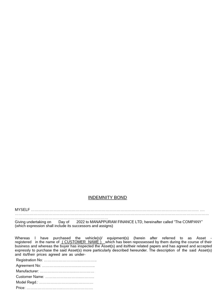 Indemnity Vehicle Sale Agreement - BOND FORMAT-1 | PDF | Taxes | Expense