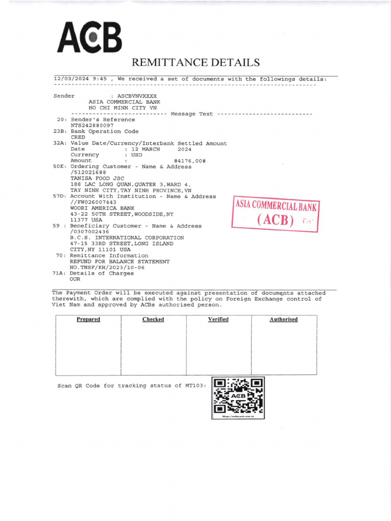 ACB Remittance Details for Tanisa Food | PDF