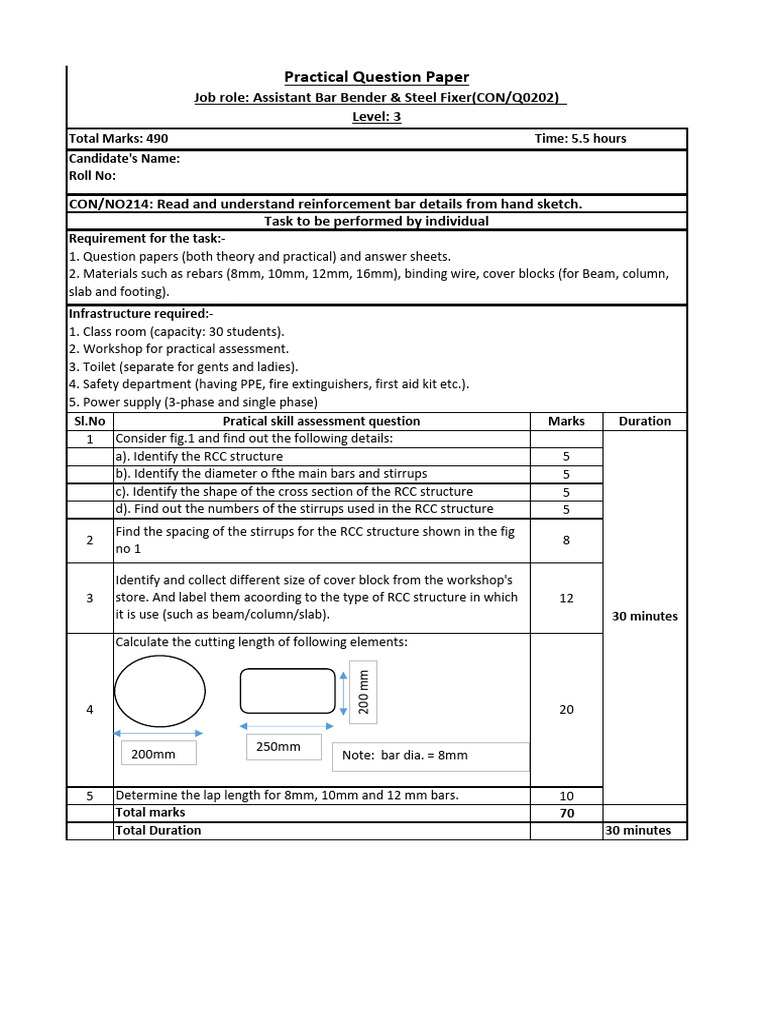 Assistant Bar Bender Practical Set 1 | PDF | Safety