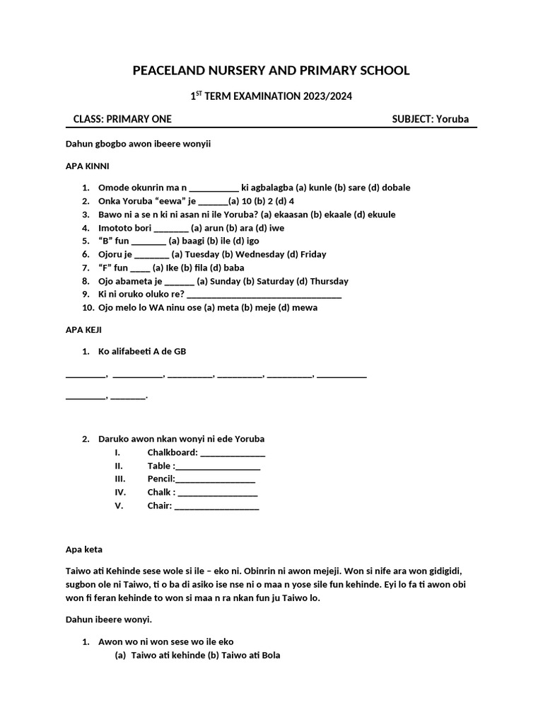 Primary One Yoruba-1 | PDF