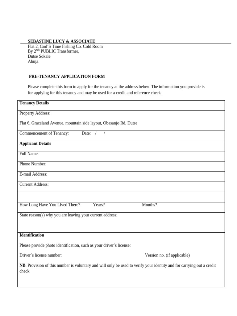 Pre - Tenancy Application Form | PDF | Identity Document | Landlord