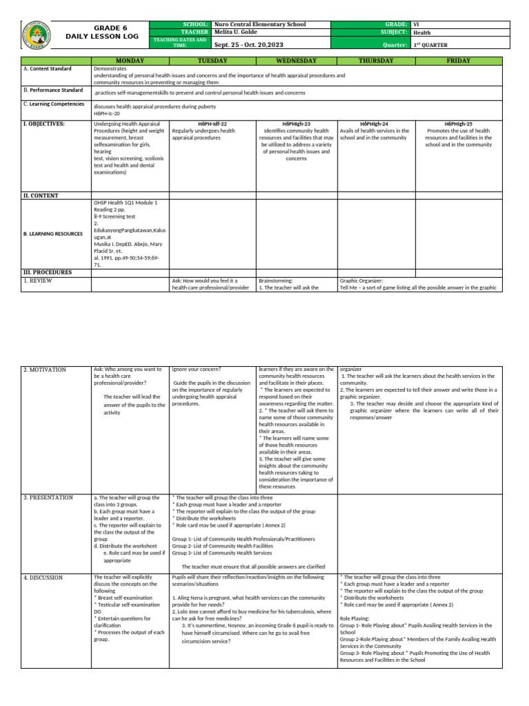DLL Health 6 Q1W2 | PDF | Teachers | Cognition