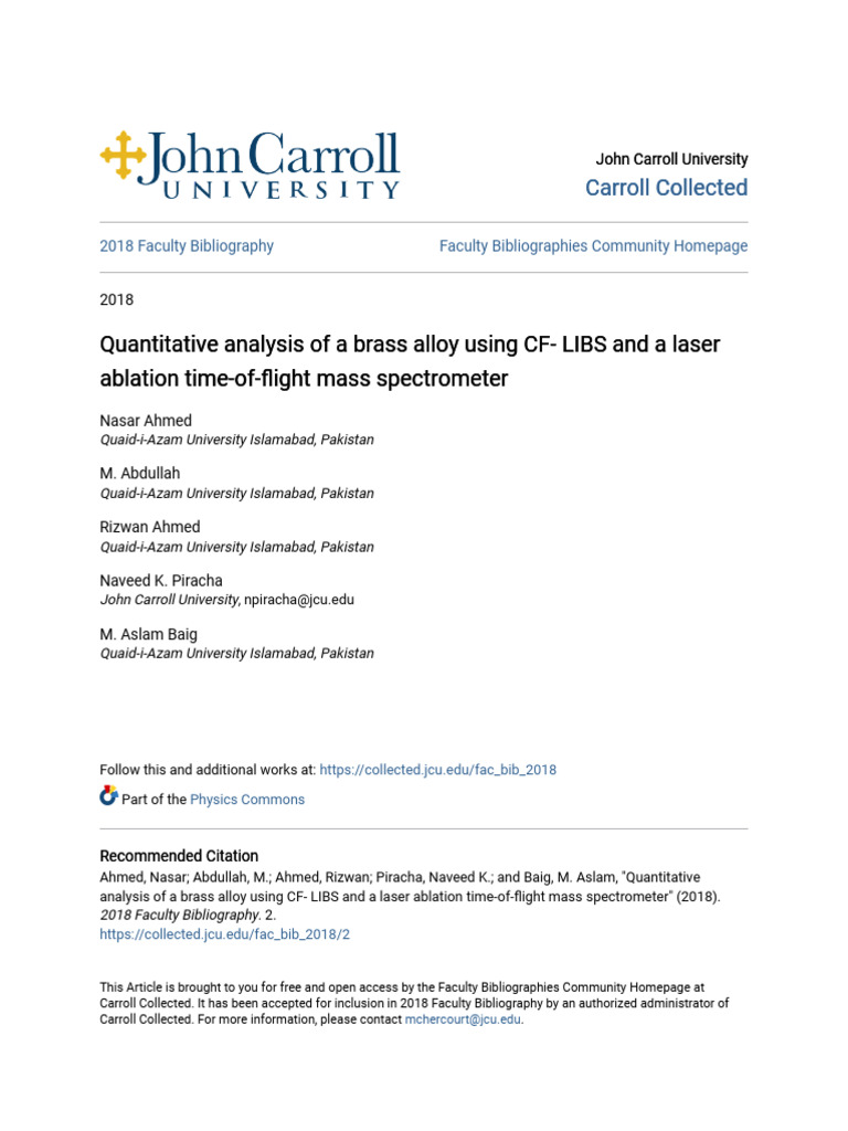 Quantitative Analysis of A Brass Alloy Using CF - LIBS and A Laser ...