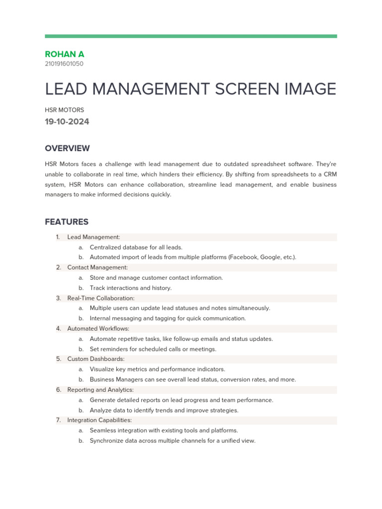 HSR Motors Lead Management System Overview | PDF | Customer ...