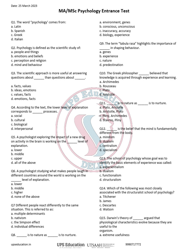 MA Psychology Entrance Exam Questions | PDF | Psychology | Id