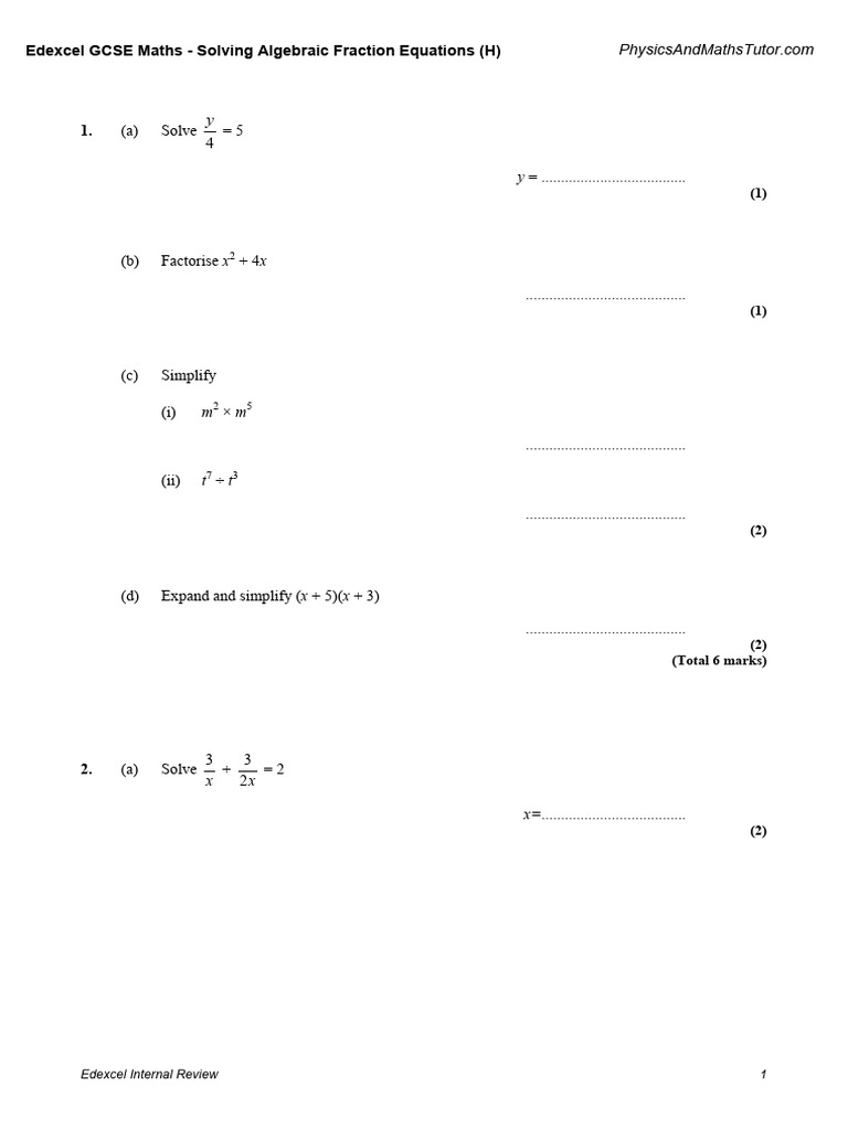 Solving Algebraic Fraction Equations (H) | PDF | Quadratic Equation ...