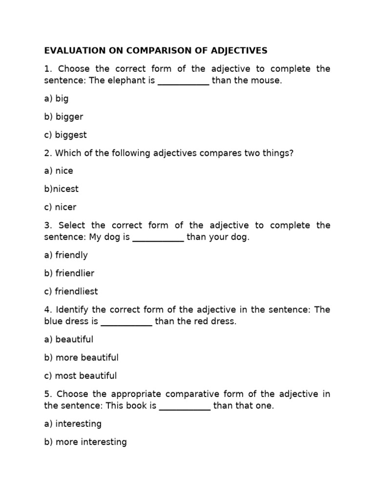 Evaluation On Comparisonn of Adjectives | PDF