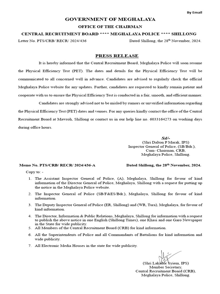 Meghalaya Police PET Announcement 2024 | PDF | National Security ...