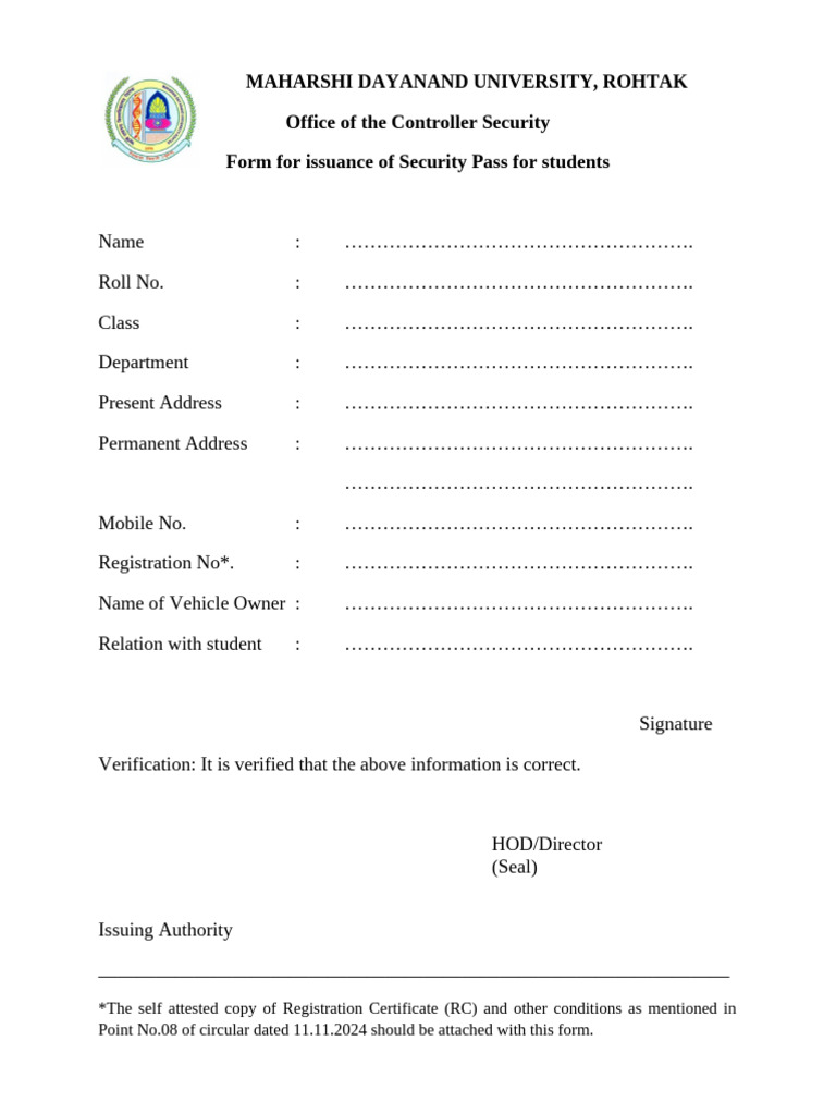 Student Security Pass Form | PDF