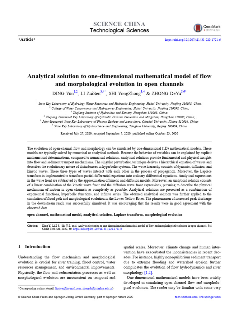 Analytical Solution To One-Dimensional Mathematical Model of Flow and Morphological Evolution in ...