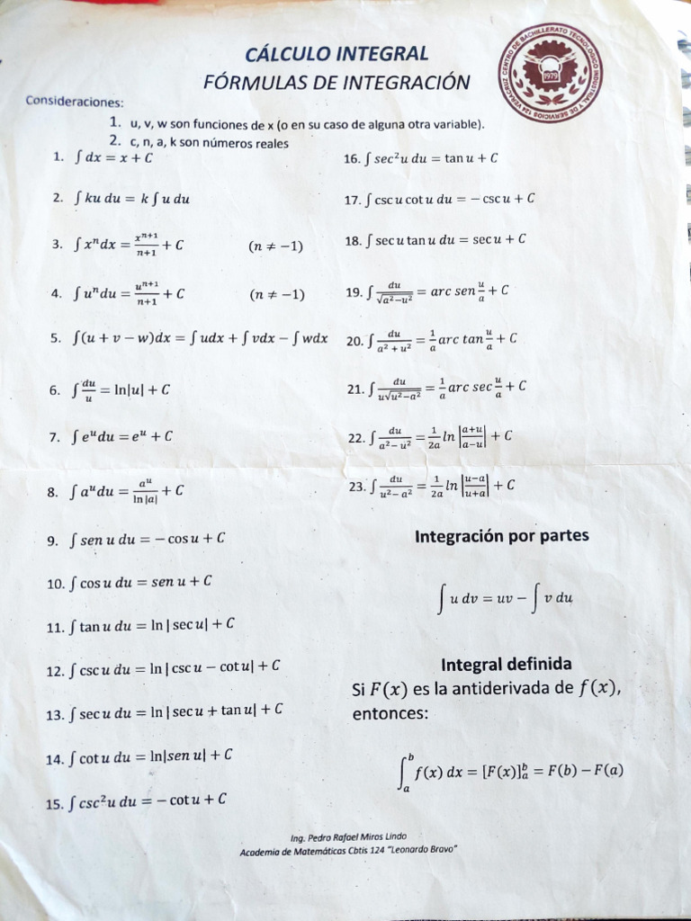 Fórmulas de Integración Esenciales | PDF | Integral | Análisis matemático